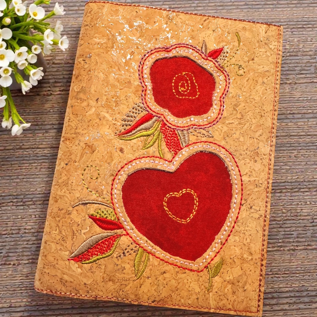 Handmade Cork Journal, Applique Heart Flower Embroidery, Lined Paper - Etsy