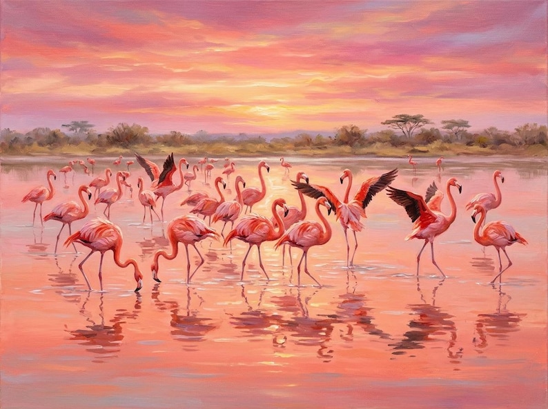 Flamingo Flock at Sunrise Oil Painting | Pink Birds Wildlife Wall Art ...