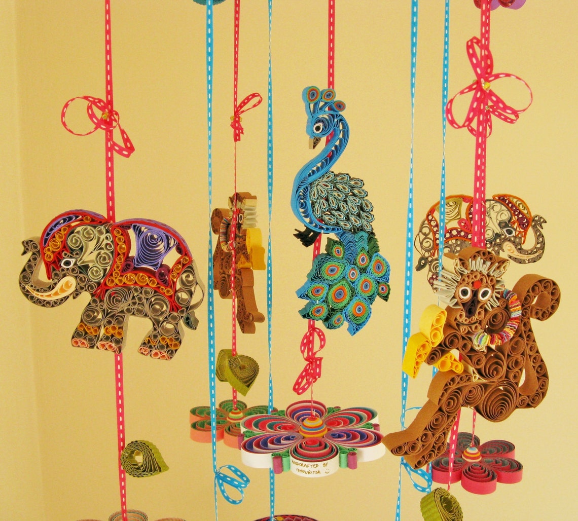 Paisley Baby Mobile Indian Nursery Quilled Peacock Monkey Elephant Crib ...