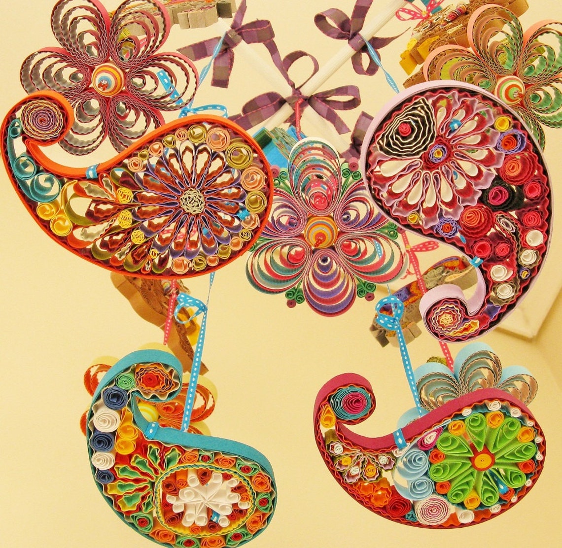 Paisley Baby Mobile Indian Nursery Quilled Peacock Monkey Elephant Crib ...