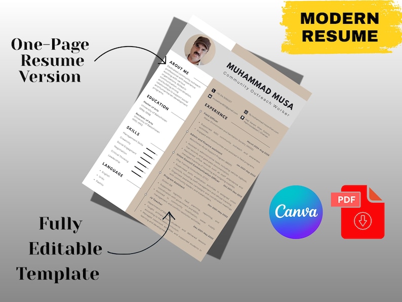 Modern Professional CV Canva Template | ATS Friendly Resume (PDF ...