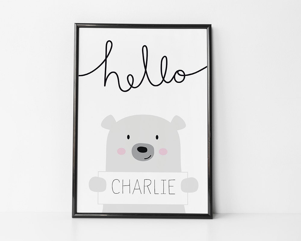 Hello Bear Nursery Print personalised childrens print cute | Etsy