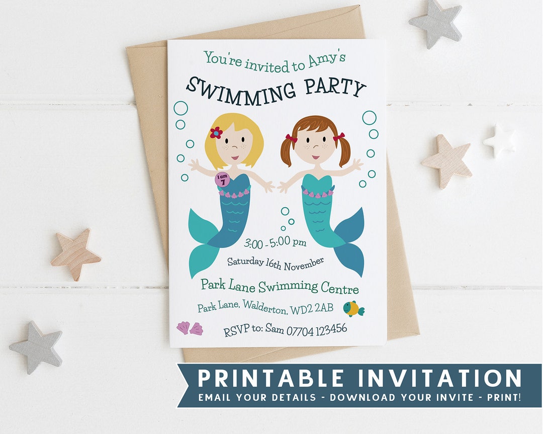 Printable Swimming Party Invitation Mermaid Party Invitation Joint ...