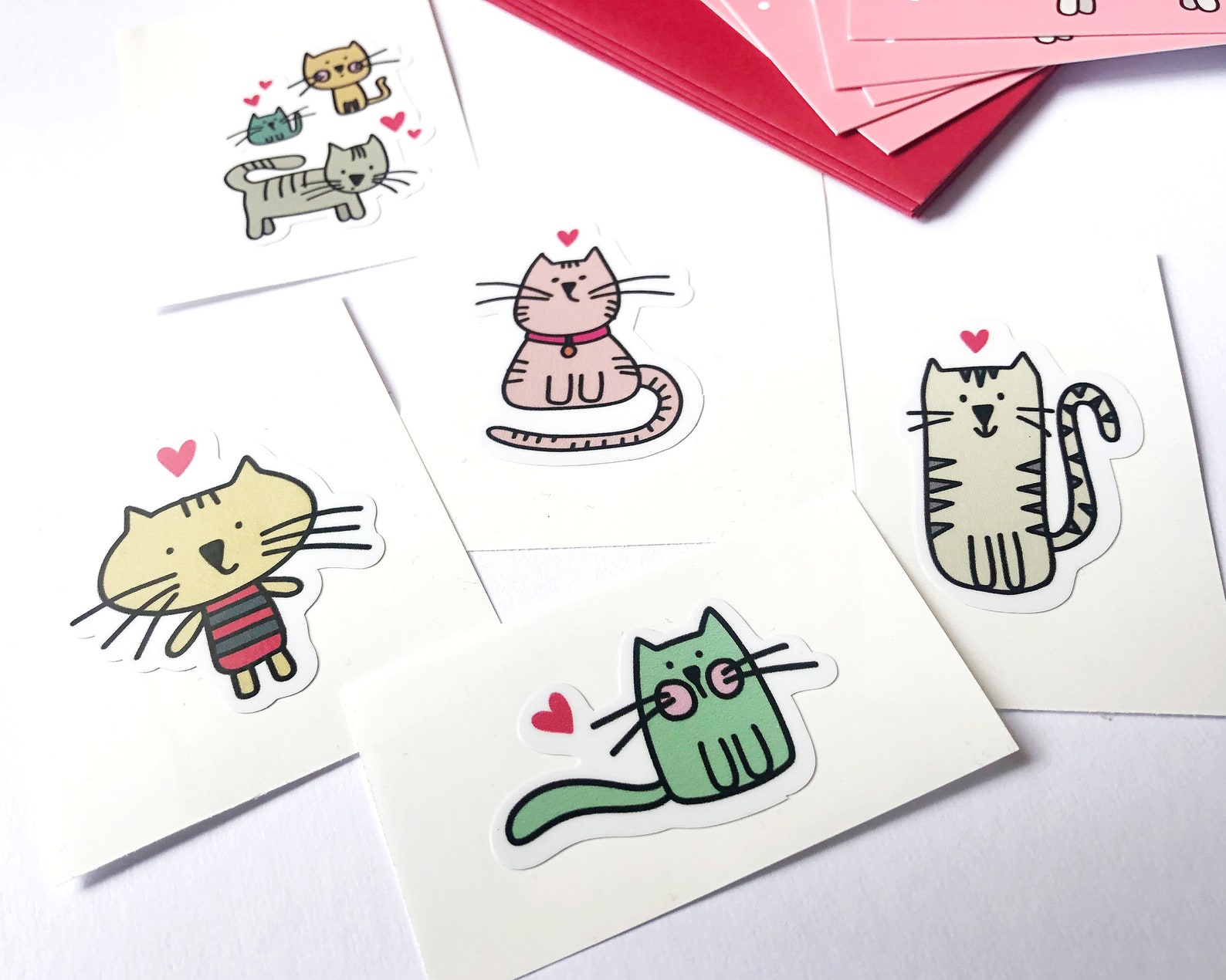Illustrated Cat Notecard Set with stickers five flat | Etsy