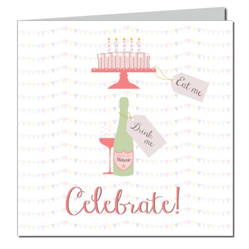 Carte de fête d'anniversaire - Champagne et gâteau « Manger, boire ...