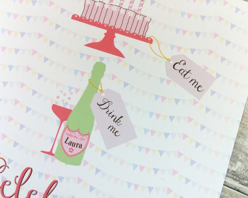 Carte de fête d'anniversaire - Champagne et gâteau « Manger, boire ...