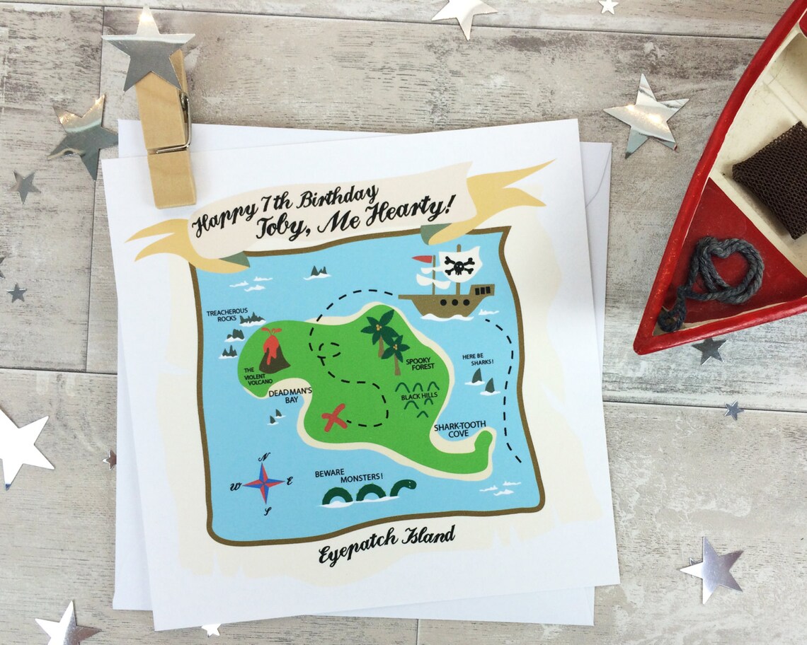 Pirate Map Birthday Card for Children Personalized Birthday - Etsy