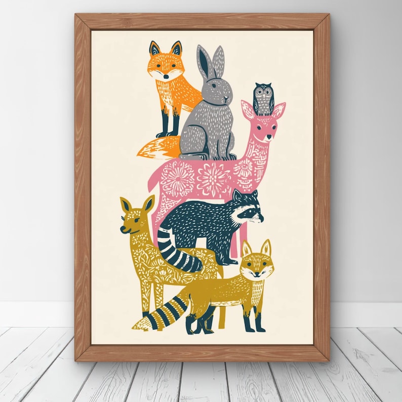Woodland Animal Stack Print | Fox, Deer, Rabbit, Raccoon Boho Nursery ...