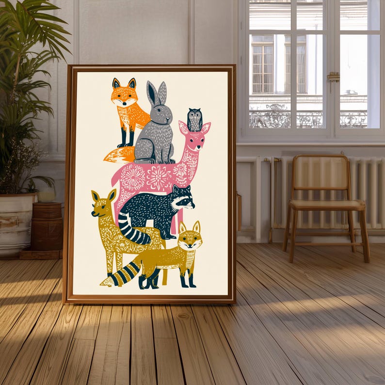 Woodland Animal Stack Print | Fox, Deer, Rabbit, Raccoon Boho Nursery ...
