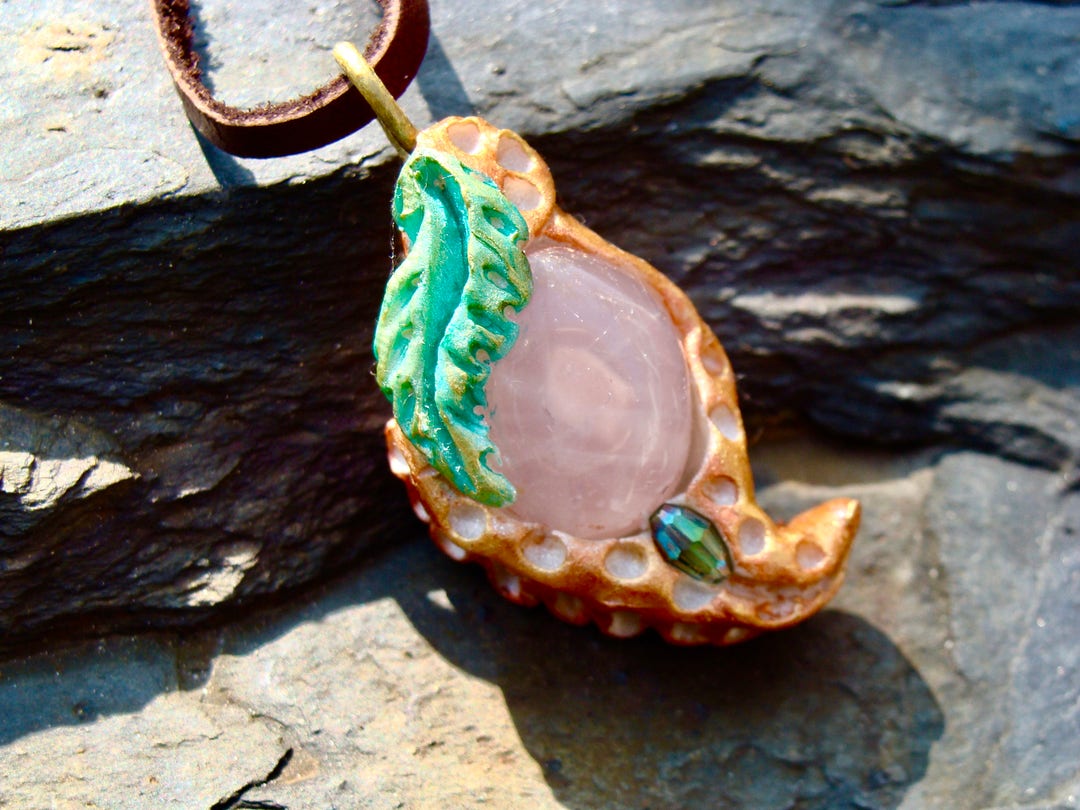 Rose Quartz Clay Pendant Necklace, Rose Quartz Crystal Sculpted Clay ...