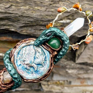 Snake Wand With Eagle Totem, Double Snakes Totem Wand, Crystal Wand With Eagle and Snakes Totems ...