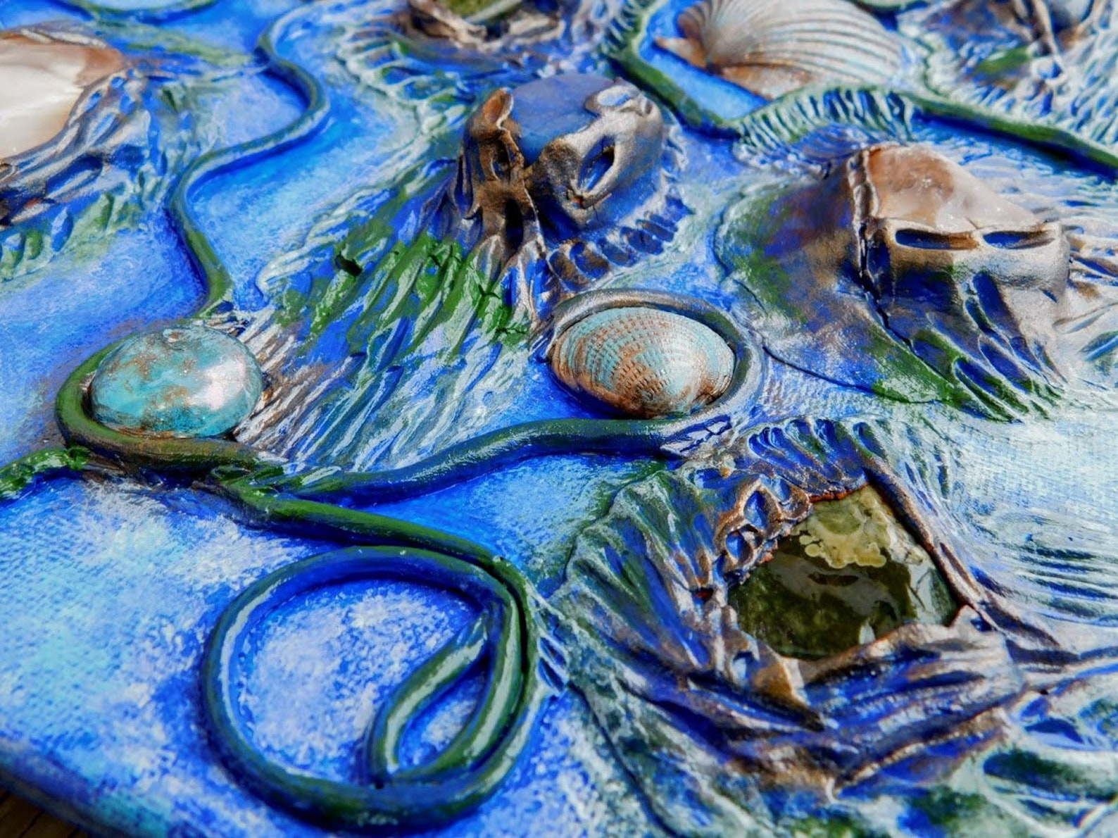 3D Sculptural Painting in Clay and Acrylic Blue & Green - Etsy