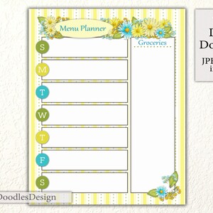 Kitchen Menu Planner - Flower Kitchen Print - Weekly Menu Planner ...