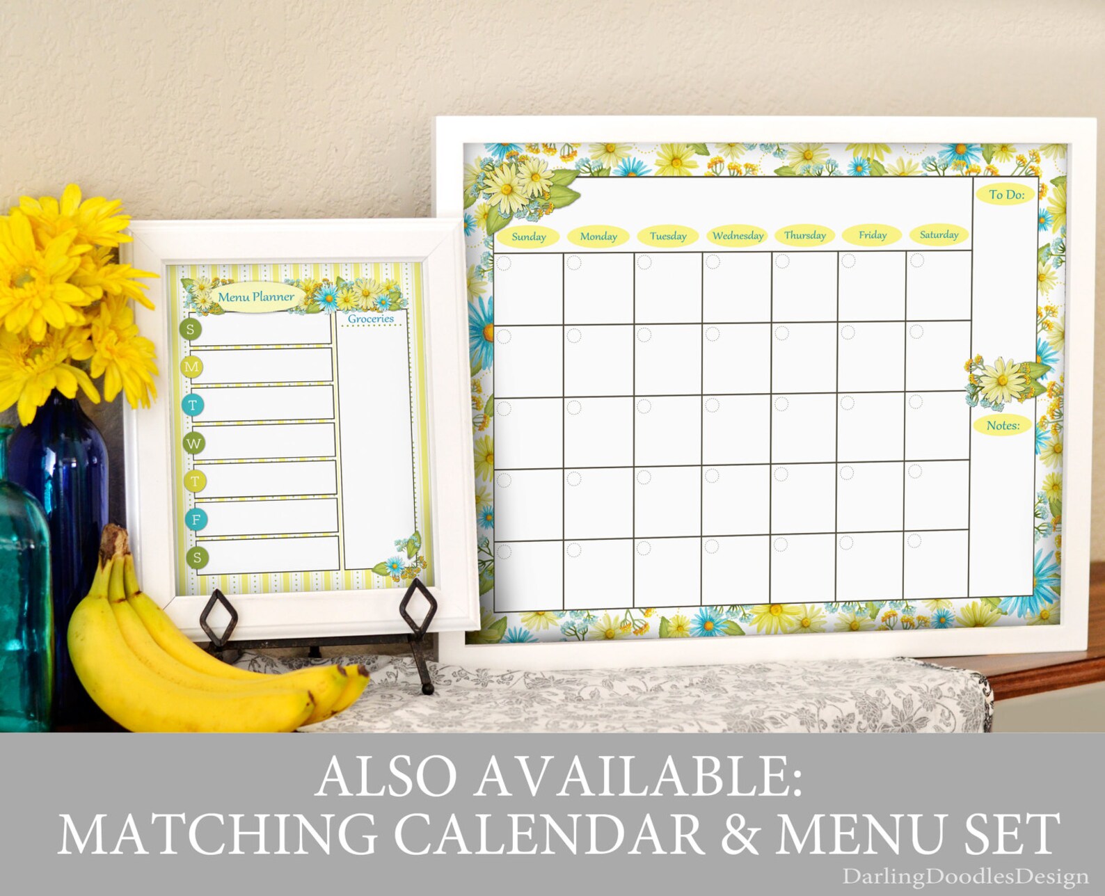 Floral Monthly Calendar Printable Wall Calendar Yellow and | Etsy