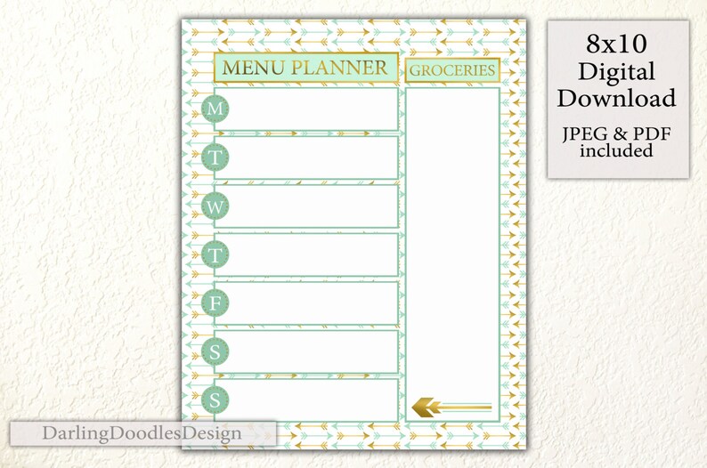 Weekly Menu Planner Printable - Mint and Gold Kitchen Print (PDF & JPEG ...