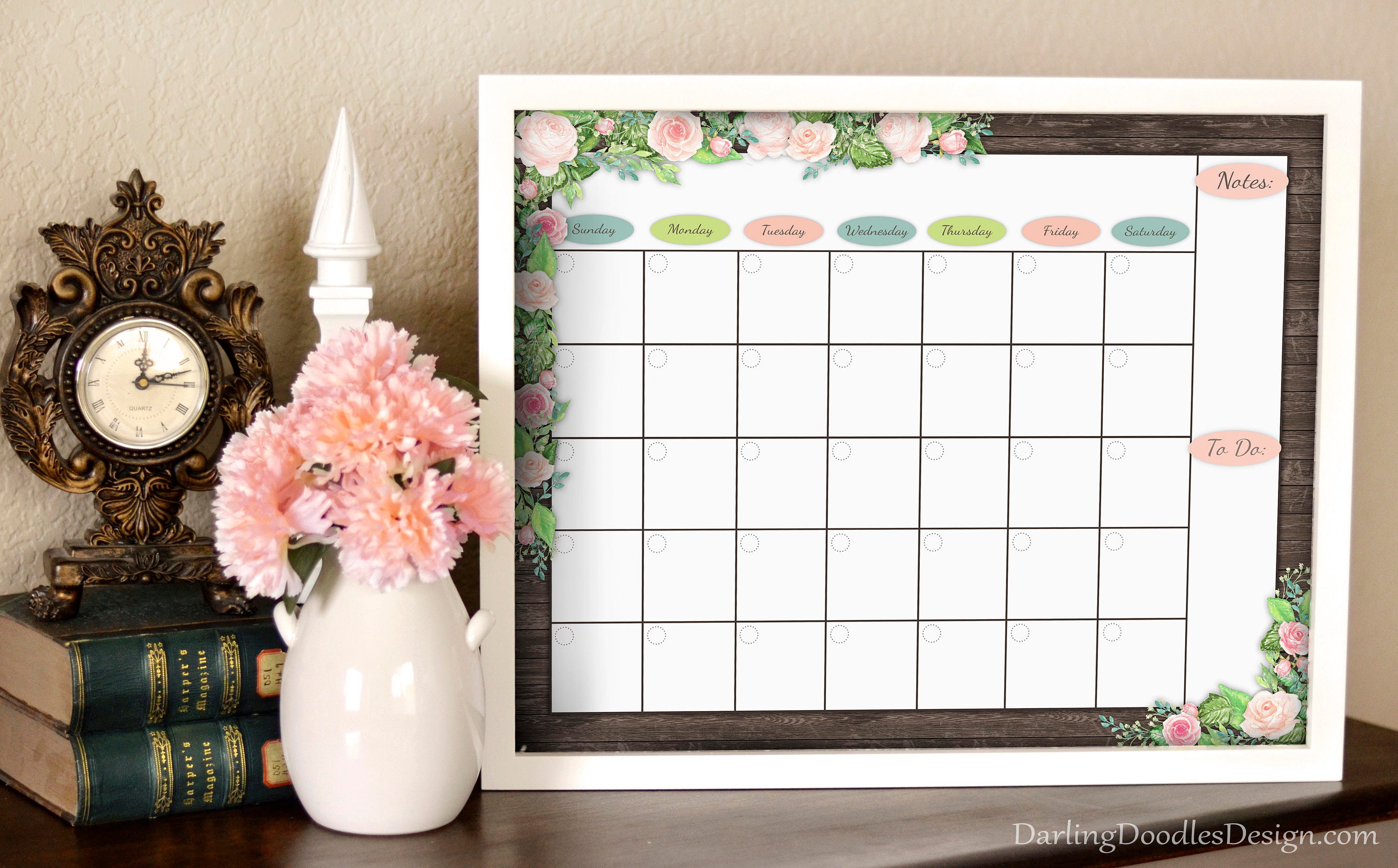 Pink Roses Floral Calendar Monthly Calendar Insert Dry | Etsy