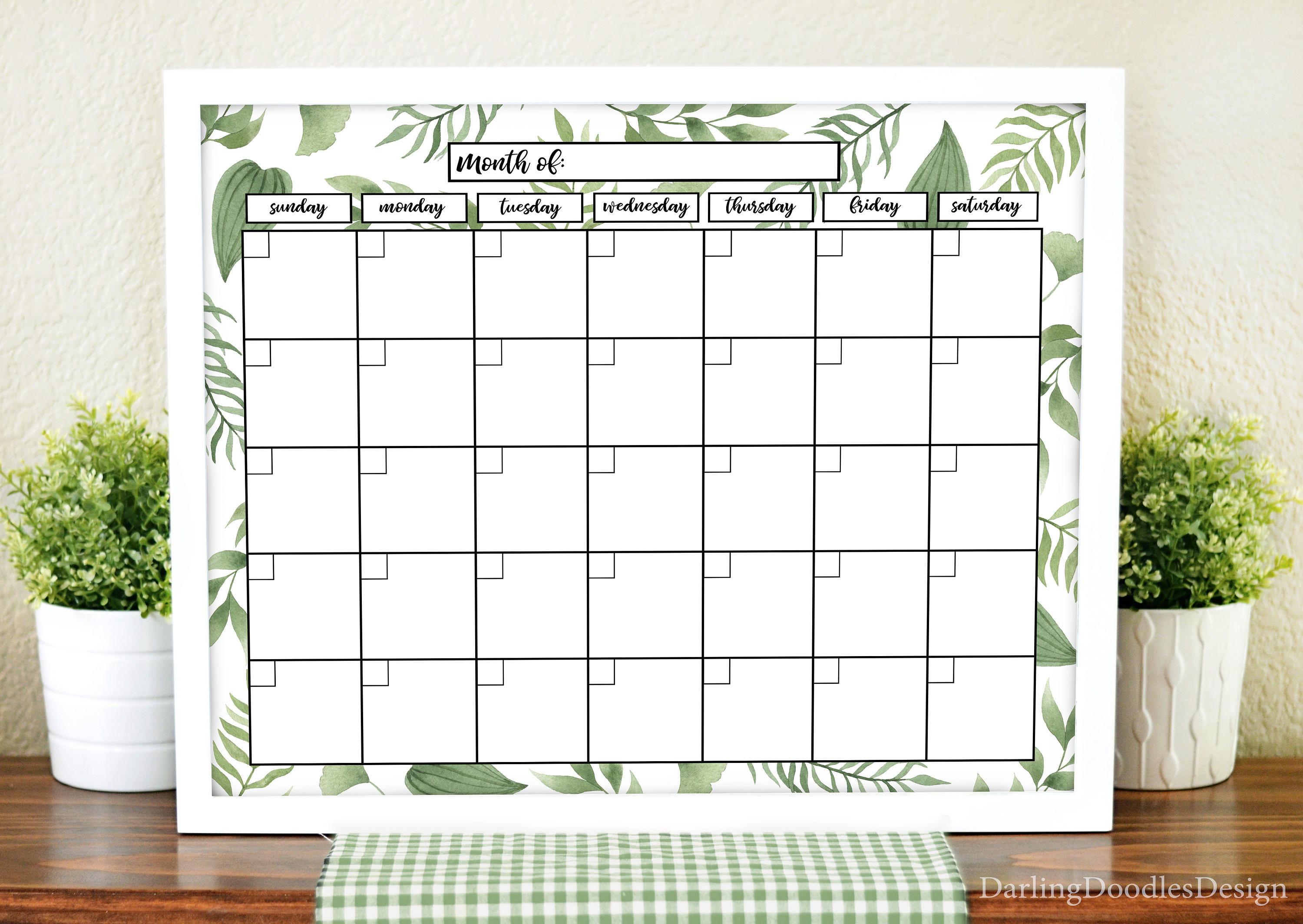 Botanical Leaf Calendar 2019 – Printable Dry Erase Monthly Planner ...
