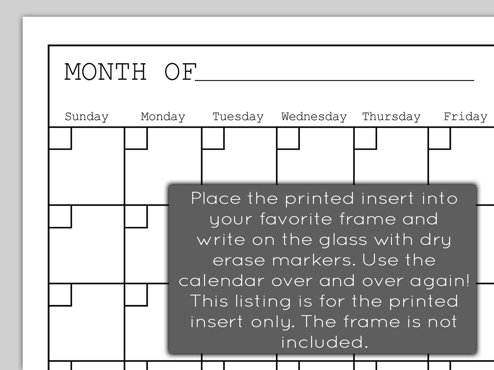 Dry Erase Calendar Insert Printed Monthly Calendar Modern - Etsy