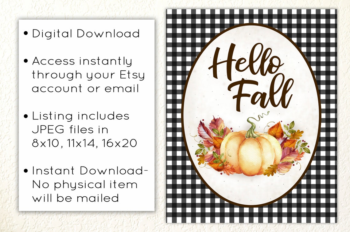 Hello Fall Print Buffalo Check Fall Decor Printable Fall - Etsy