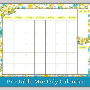 Floral Monthly Calendar - Printable Wall Calendar - Yellow and Blue ...