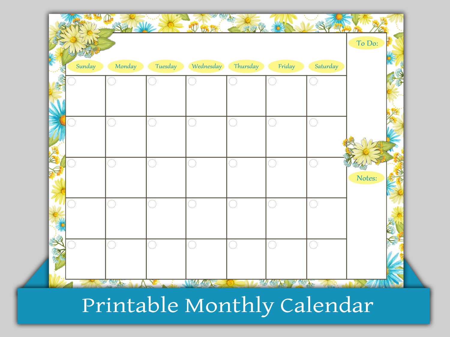 Floral Monthly Calendar Printable Wall Calendar Yellow and | Etsy