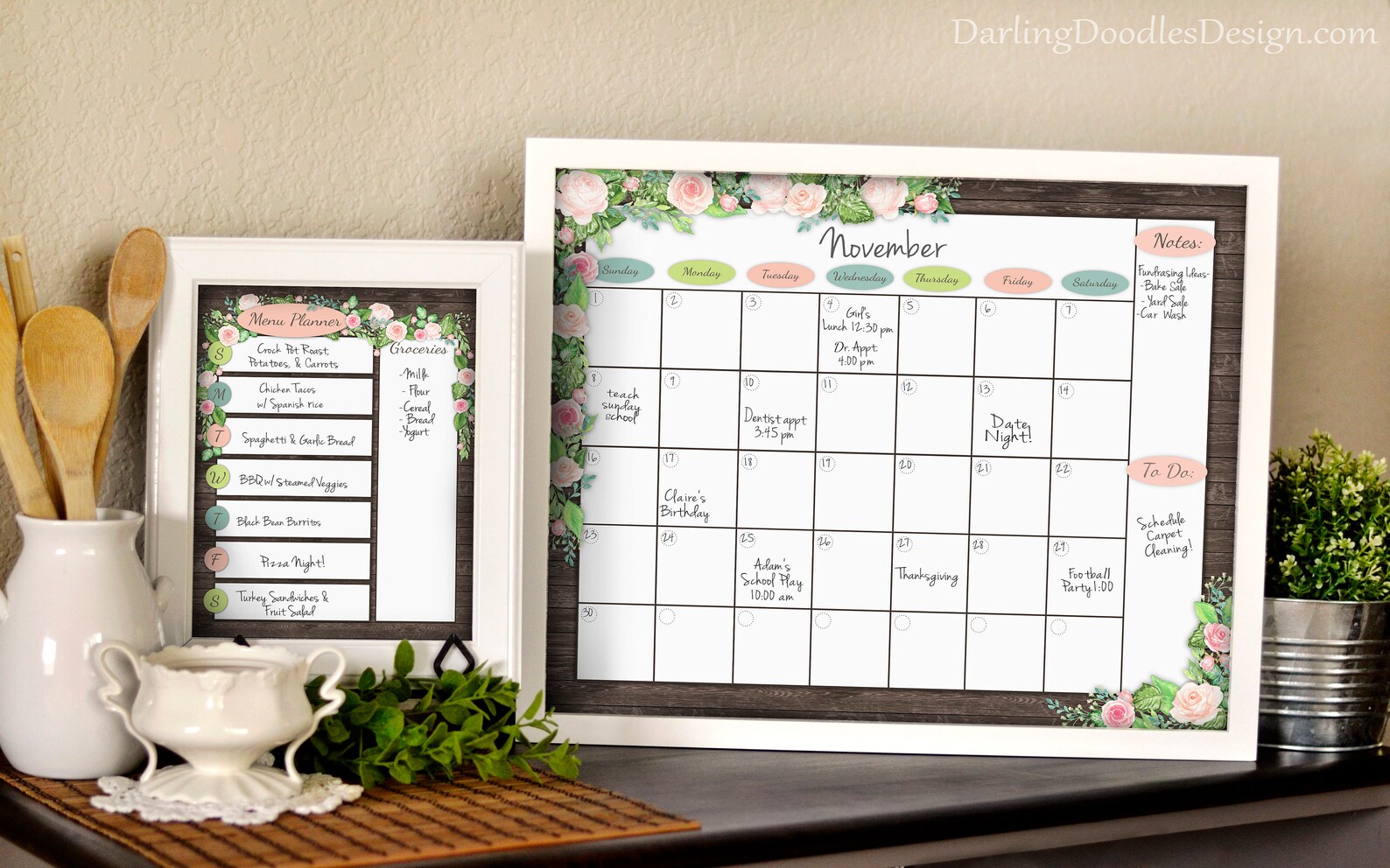 Pink Floral Monthly Calendar Pink Floral Weekly Menu Planner - Etsy