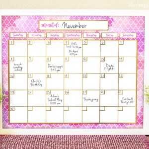 Watercolor Monthly Calendar - Feminine Office Decor - Pink and Purple ...