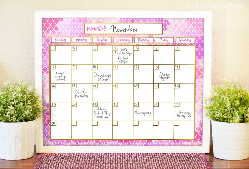 Watercolor Monthly Calendar Feminine Office Decor Pink and - Etsy