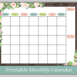 Pink Floral Monthly Calendar - Printable Monthly Calendar - Dry Erase ...