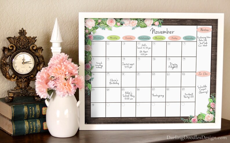 Pink Roses Floral Calendar Monthly Calendar Insert Dry - Etsy