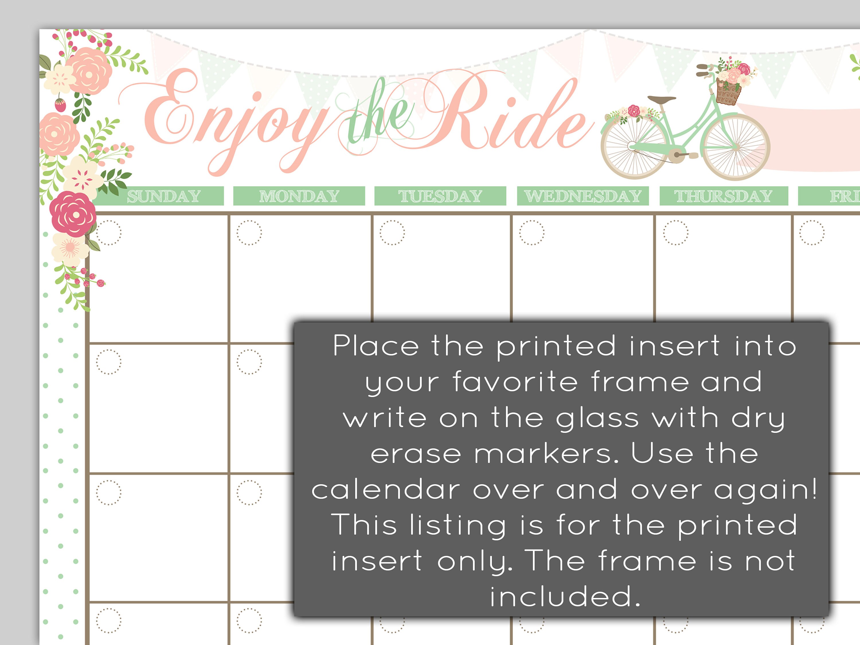 Pretty Floral Calendar - Bicycle Calendar - Weekly Meal Planner - Menu ...