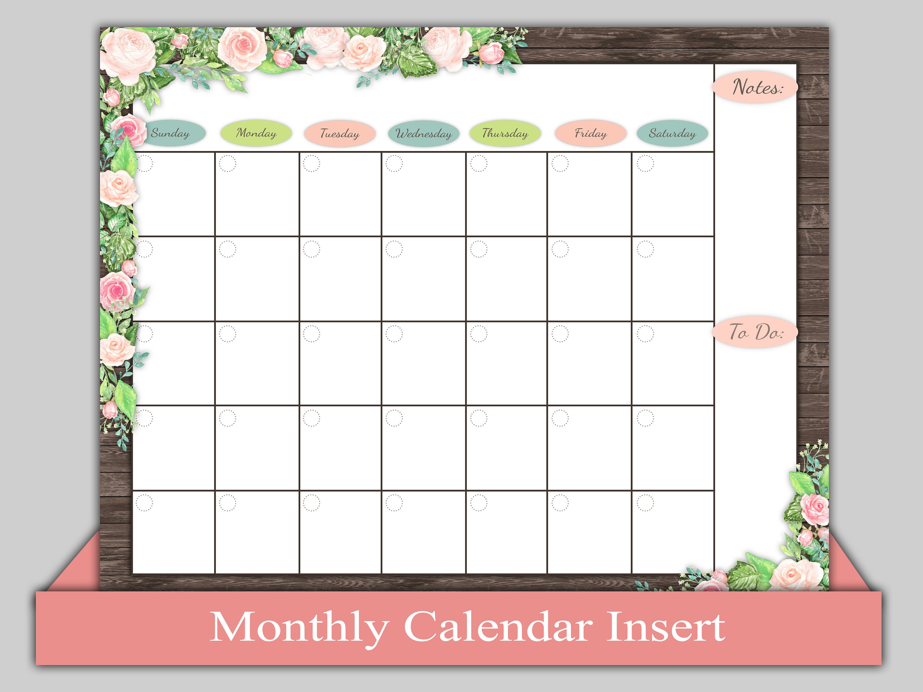 Pink Floral Monthly Calendar - Pink Floral Weekly Menu Planner ...
