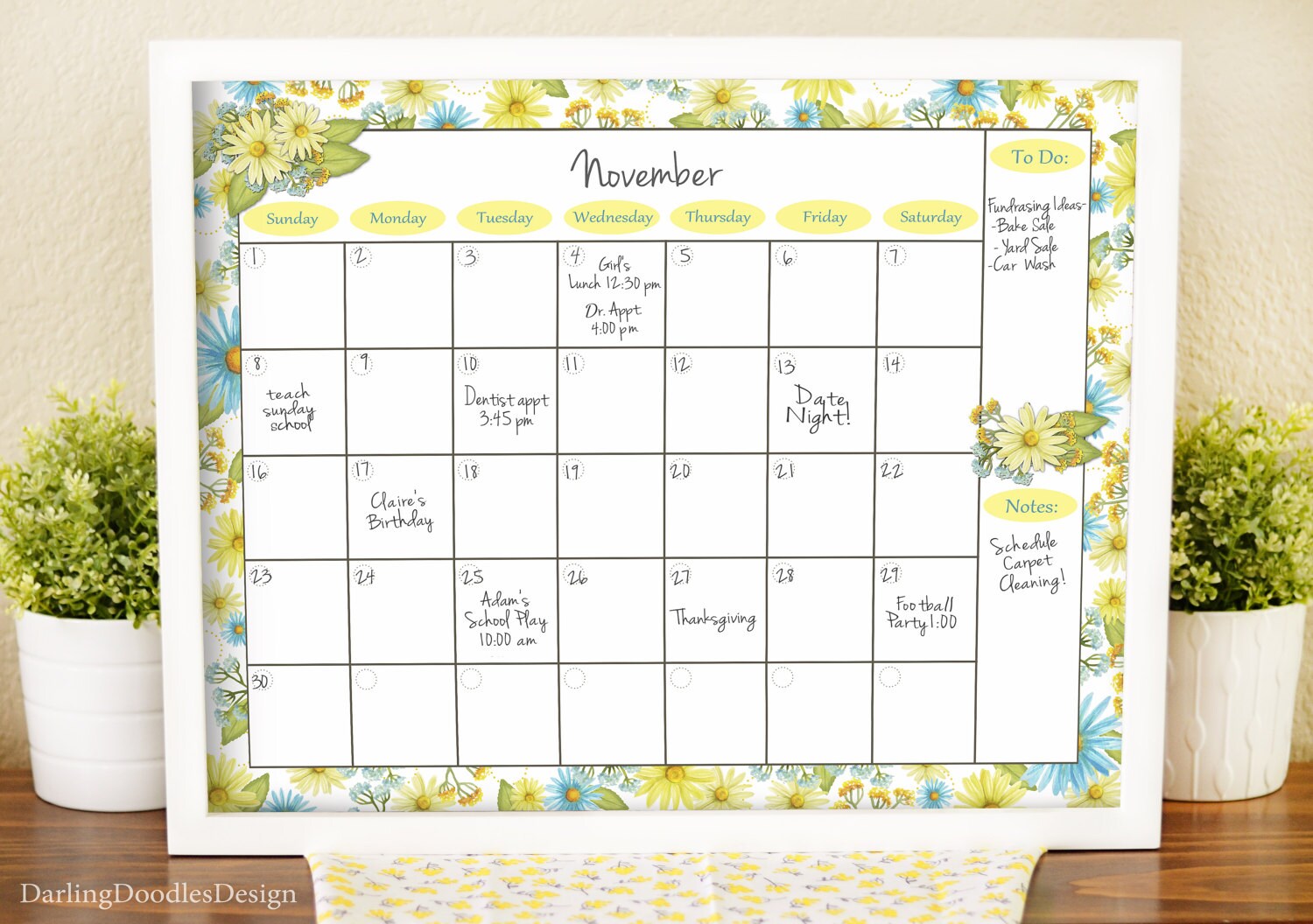 Floral Monthly Calendar - Printable Wall Calendar - Yellow and Blue ...