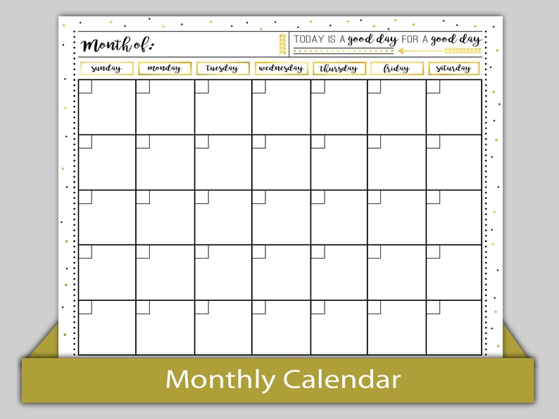 Dry Erase Calendar - Gold and Black Calendar Print - Printed Monthly ...