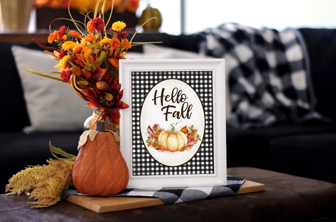 Hello Fall Print - Buffalo Check Fall Decor - Printable Fall Decor ...