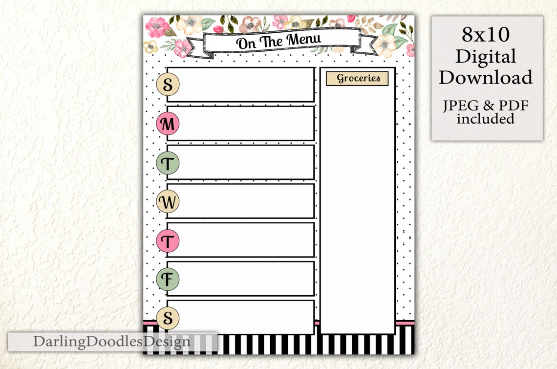 Floral Menu Planner Kitchen Menu Board Dry Erase Menu - Etsy