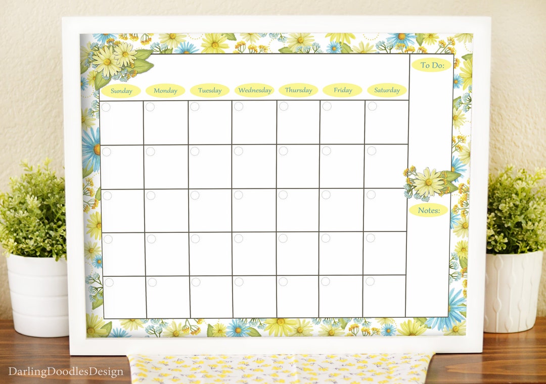 Floral Monthly Calendar - Printable Wall Calendar - Yellow and Blue ...