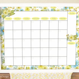 Floral Monthly Calendar - Printable Wall Calendar - Yellow and Blue ...