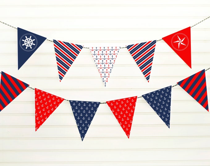 Nautical Party Printable Banner and Mini Cake Bunting. Red White Blue ...