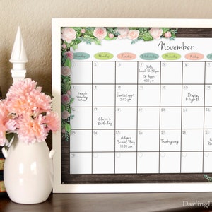 Pink Floral Monthly Calendar - Printable Monthly Calendar - Dry Erase ...