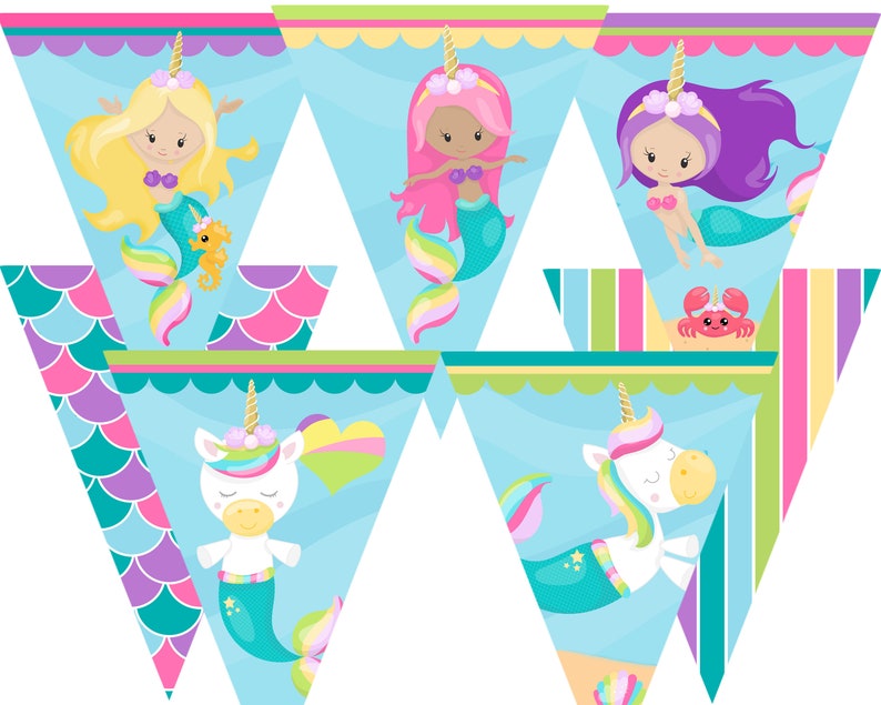 Mermaid Unicorn Banner - Mermaid Pennant Banner - Unicorn Pennant ...