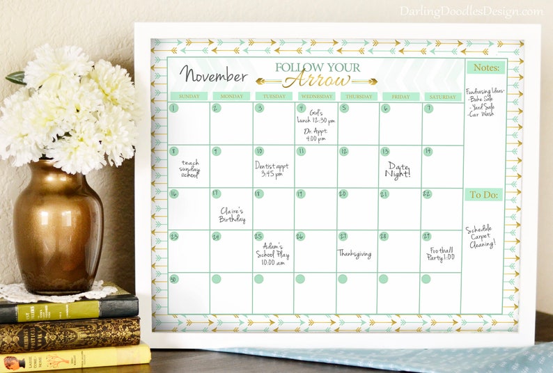 Mint and Gold Calendar - Mint and Gold Menu Planner - Arrow Calendar ...