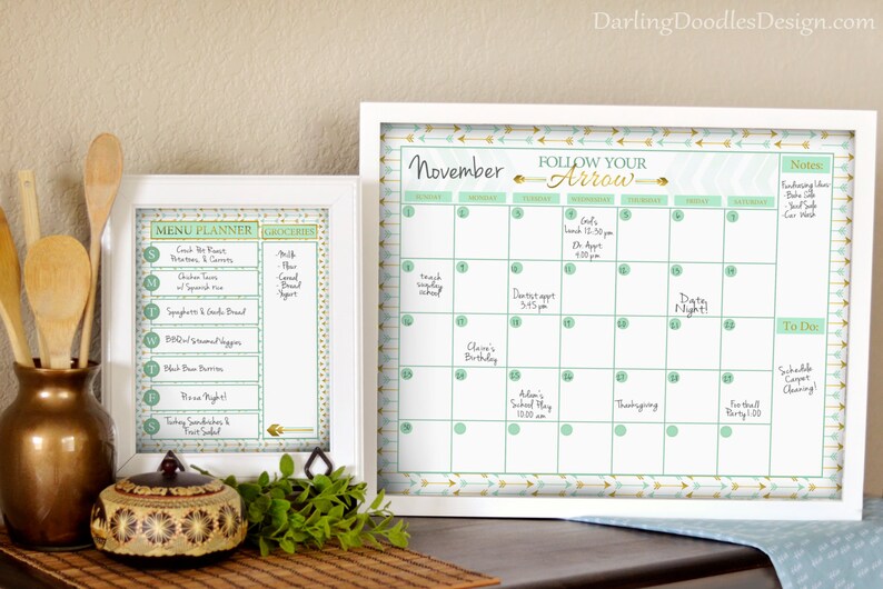 Mint and Gold Calendar Mint and Gold Menu Planner Arrow - Etsy
