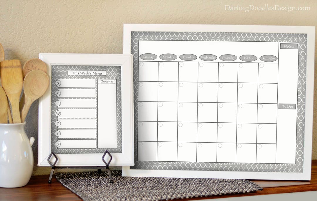 Gray Monthly Calendar - Gray Weekly Menu Planner - Dry Erase Calendar ...