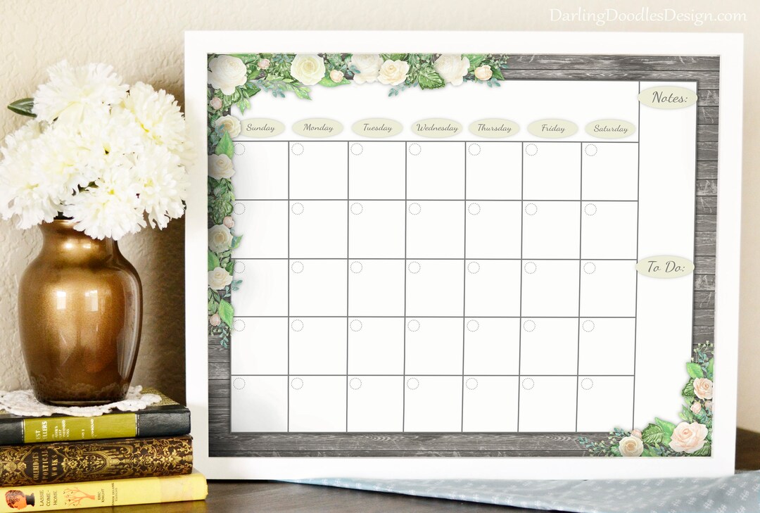 Monthly Floral Calendar Insert - Printed Calendar - Dry Erase Calendar ...