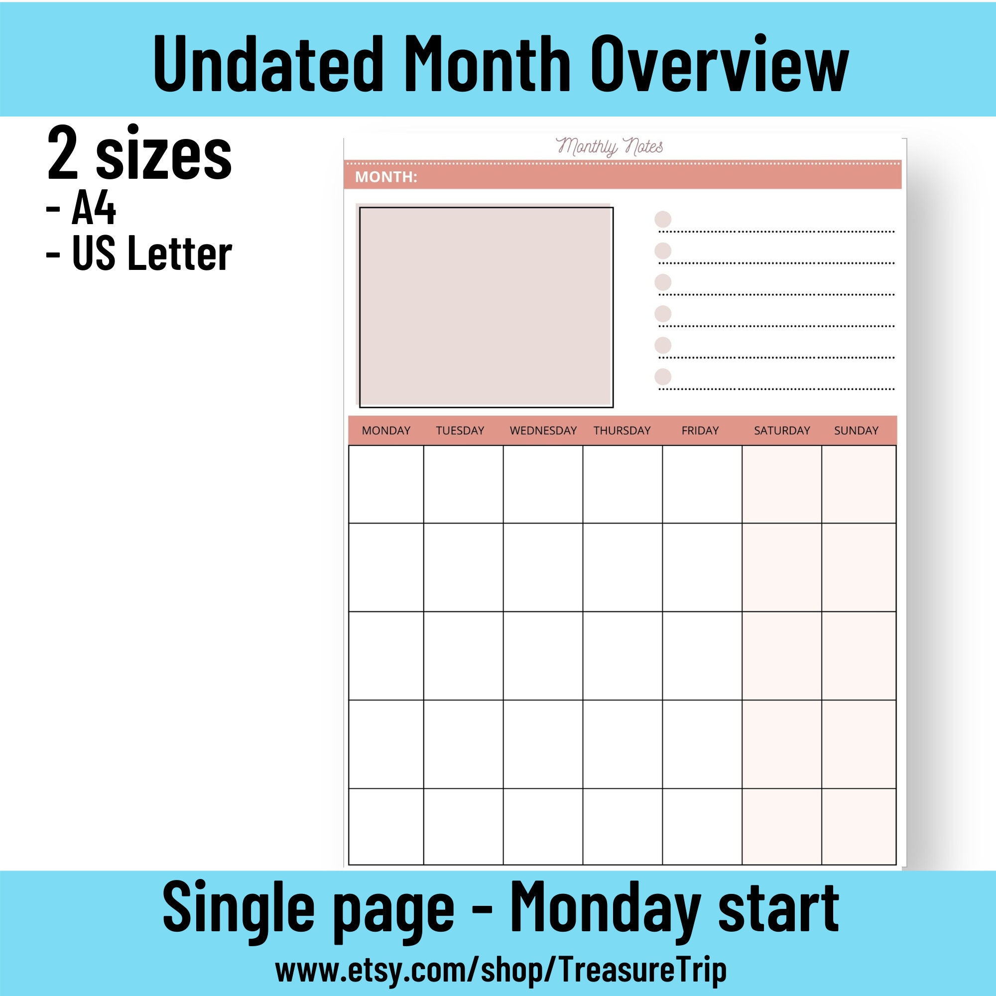 Undated Monthly Planner Single Page Printable Month Plan 1 Page Monthly ...