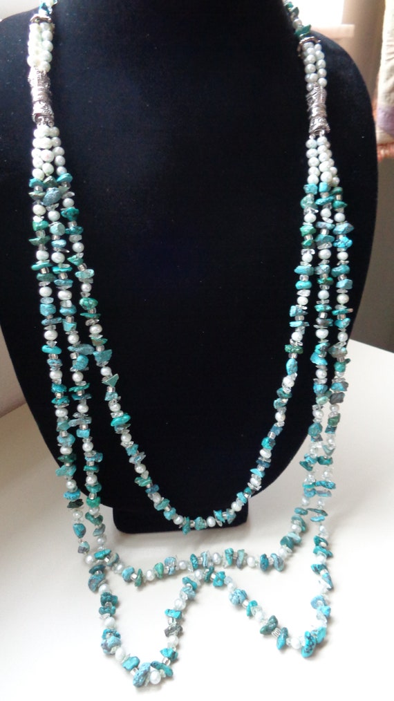 Turquoise Chips and Pearlsthree Strand Long Necklace - Etsy