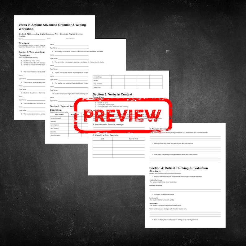 Verbs in Action Grammar Worksheets • Parts of Speech, Types of Verb ...