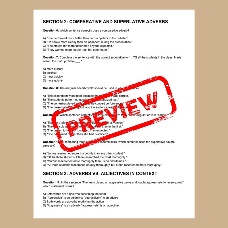 Adverbs Worksheet for 9th Grade Students - Etsy UK