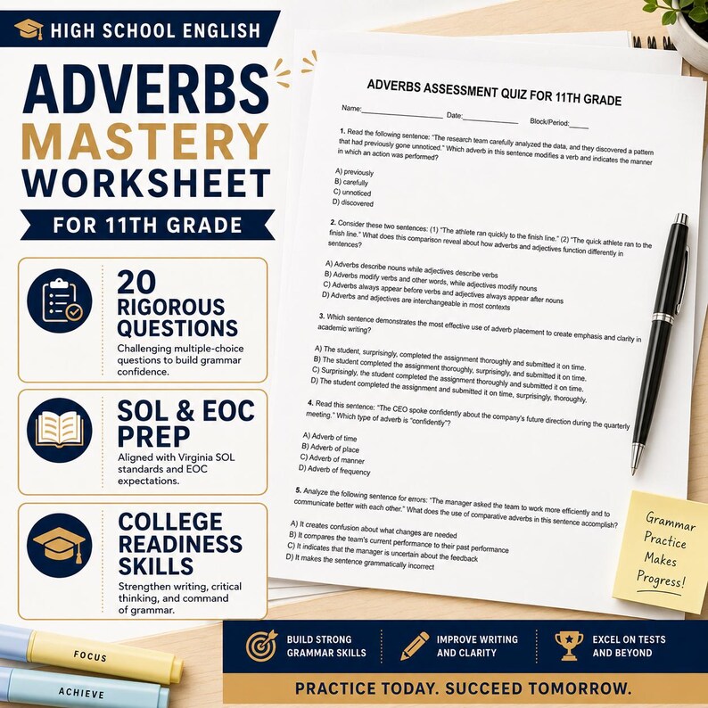11th Grade English Adverbs Mastery Worksheet (PDF Download) - Etsy